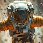 Astronaut, space and person in universe with rocks, floating and cosmic ...