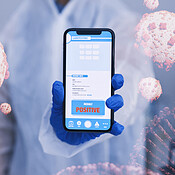 Hand, phone screen and qr code for positive covid test, gloves for ...