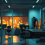 Business, night and empty office with furniture, city and workplace ...