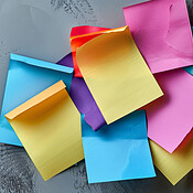 Sticky notes, art and creativity with colors for ideas, vision and ...