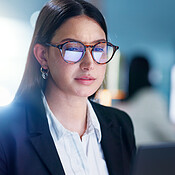 Thinking, business and woman with a laptop, problem solving and network ...