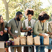 People, volunteering and helping package in outside, kindness ngo and ...