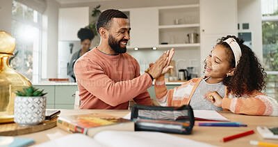 Daughter, high five and house for education, learning and growth for ...