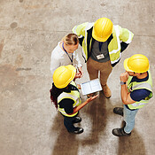 People, warehouse and above with tablet for teamwork, collaboration and ...