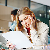 Business woman, stress and document for logistics with wrong invoice ...