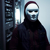 Server room, hacker and person with mask, night and scam of ...