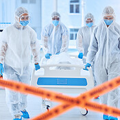 Csi team moving a bed with a dead body. Team of medical specialists ...