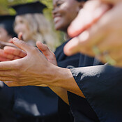 Education, hands and students clapping at graduation for academic ...
