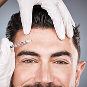 Forehead injection, man and portrait for skincare, beauty and aesthetic ...