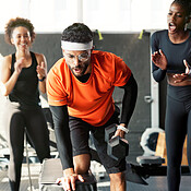 Man, dumbbell row and gym with friends for applause, training or muscle ...