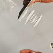 Person, lines and hands with cocaine, low angle and illegal substance ...