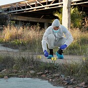 Crime scene, people and outdoor with equipment for forensics, evidence ...