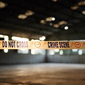 Person, detective and police tape of crime scene with caution for ...
