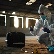 Person, swab and investigation at crime scene, blood sample and ...