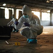 Crime, people and forensics at scene with sample, evidence and DNA swab ...