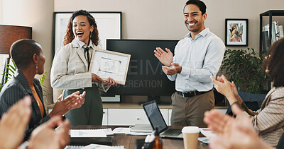 Office, woman and man with clapping hands at award ceremony for ...