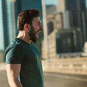 Scream, fitness and man on bridge in city running for race with victory ...