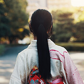 Outdoor, park and Japanese woman with walk, fashion and travel with ...