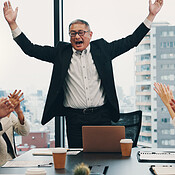 Success, boss and people in meeting, boardroom and clapping for ...