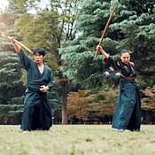 Sword, martial arts and people in outdoor training together for aikido ...