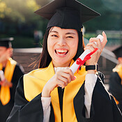Woman, university student and excited with certificate for graduation ...