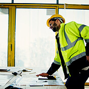 Back pain, construction worker and man in office with stress for injury ...