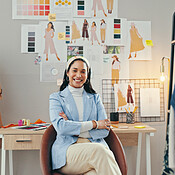 Arms crossed, clothes and portrait of fashion designer woman in textile ...