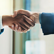 Handshake, business people and introduction in office for welcome ...