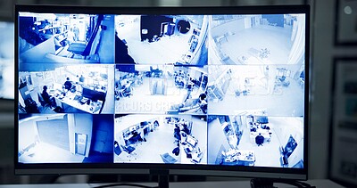 Security, business and computer with split screen, control room and ...