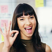 Okay sign, happy and portrait of business woman in office with hand ...