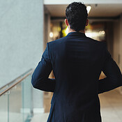 Back, corridor and walking with business man in office for start of ...