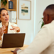 Consultant, meeting advice and woman with client in office for interior ...