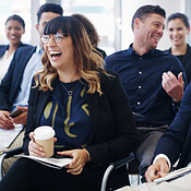 Business, seminar and people with laughing in audience for corporate ...