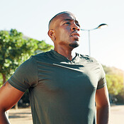 Outdoor, black man and fitness with thinking for rest, cardio challenge ...
