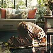 Muslim, man and praying bow in islam at house for spiritual worship ...