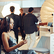 Hairstyling, phone or photography with makeup artist and model in studio for behind the scenes ...