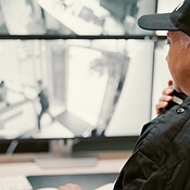 Investigation, security and person on computer screen for surveillance ...