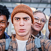 Students, crazy and portrait in selfie for education, diversity and ...