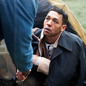 Homeless, poor and handshake with person for help with donation ...