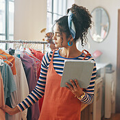 Woman, check clothes and tablet of small business for stock inspection ...