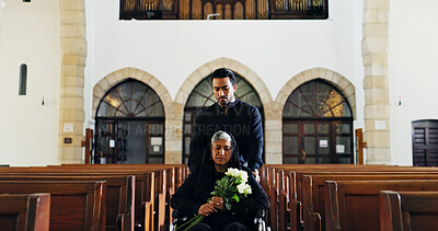 Memorial service, family and woman with grief, church and widow with ...