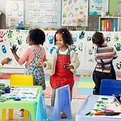 Handprint, painting and children with paper in classroom for creative ...