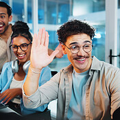 Office, business people and excited with high five for celebration ...