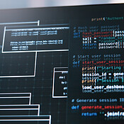 Computer screen, code and software development with programming language for AI or web design at ...