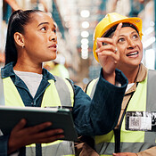 Discussion, women or tablet in warehouse for logistics, problem solving ...