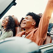 Drive, singing and road trip with happy friends in car together for ...