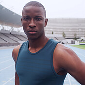 Runner, portrait and sports with black man on race track for fitness ...
