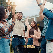 Group, people and cheering for bbq outdoor with celebration, summer ...