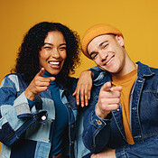 Pointing to you, students and portrait of people in studio for college ...