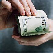 Hands, criminal and counting bills for fraud crime, money laundering ...